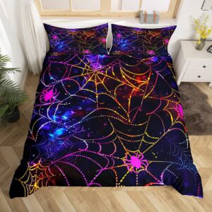 spider twin size duvet cover,glitter spider web halloween mystic duvet cover for kids teens all season,neon blue purple starry galaxy bedding set,purple blue black room decor,no comforter