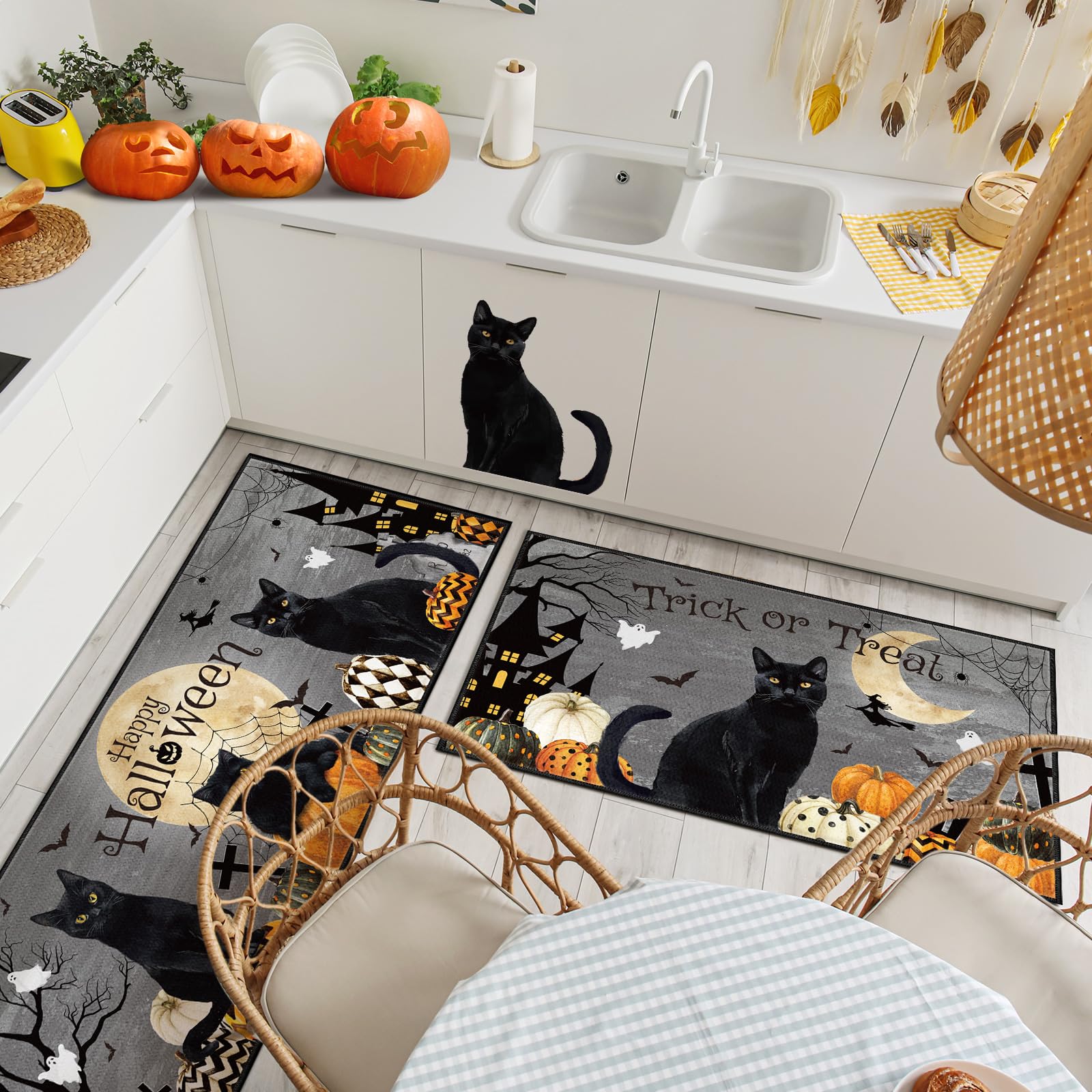 Duraaamo Set of 2 Halloween Cat Kitchen Mats Pumpkin Black Cat Kitchen Mats Trick or Treat Happy Halloween Mats and Rugs for Kitchen Home Decor Halloween Decorations and Accessories