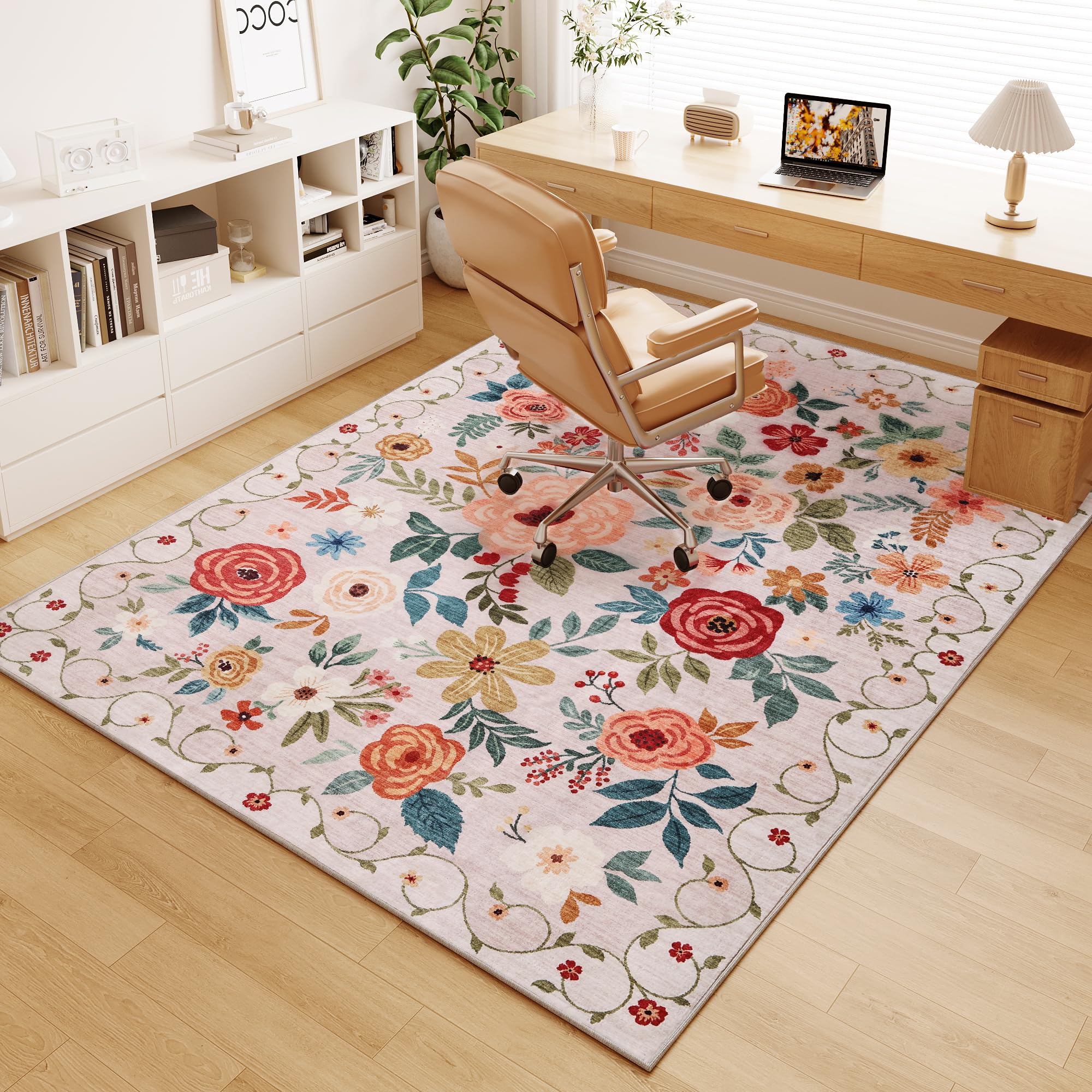 DUKINO 6x9 Area Rug, Floral Rugs for Living Room, Lightweight Non Slip Washable Rug, Indoor Low Pile & Non-Shedding Boho Design Rugs for Bedroom, Living Room, Dining Room, Beige