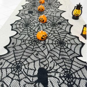 Halloween Decorations Indoor Set Fireplace Mantel Scarf Cover Black Lace Spiderweb Table Runner for Kitchen Halloween Banner with 3D Bat for Halloween Party Decorations Indoor