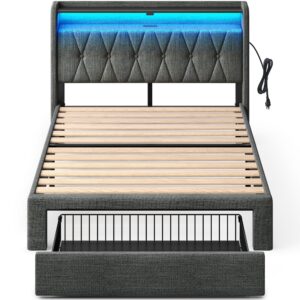 Rolanstar Twin Bed Frame with Drawer, Storage Headboard with Charging Station and LED Lights, Upholstered Bed with Heavy Duty Wood Slats, No Box Spring Needed, Noise Free, Easy Assembly, Dark Grey