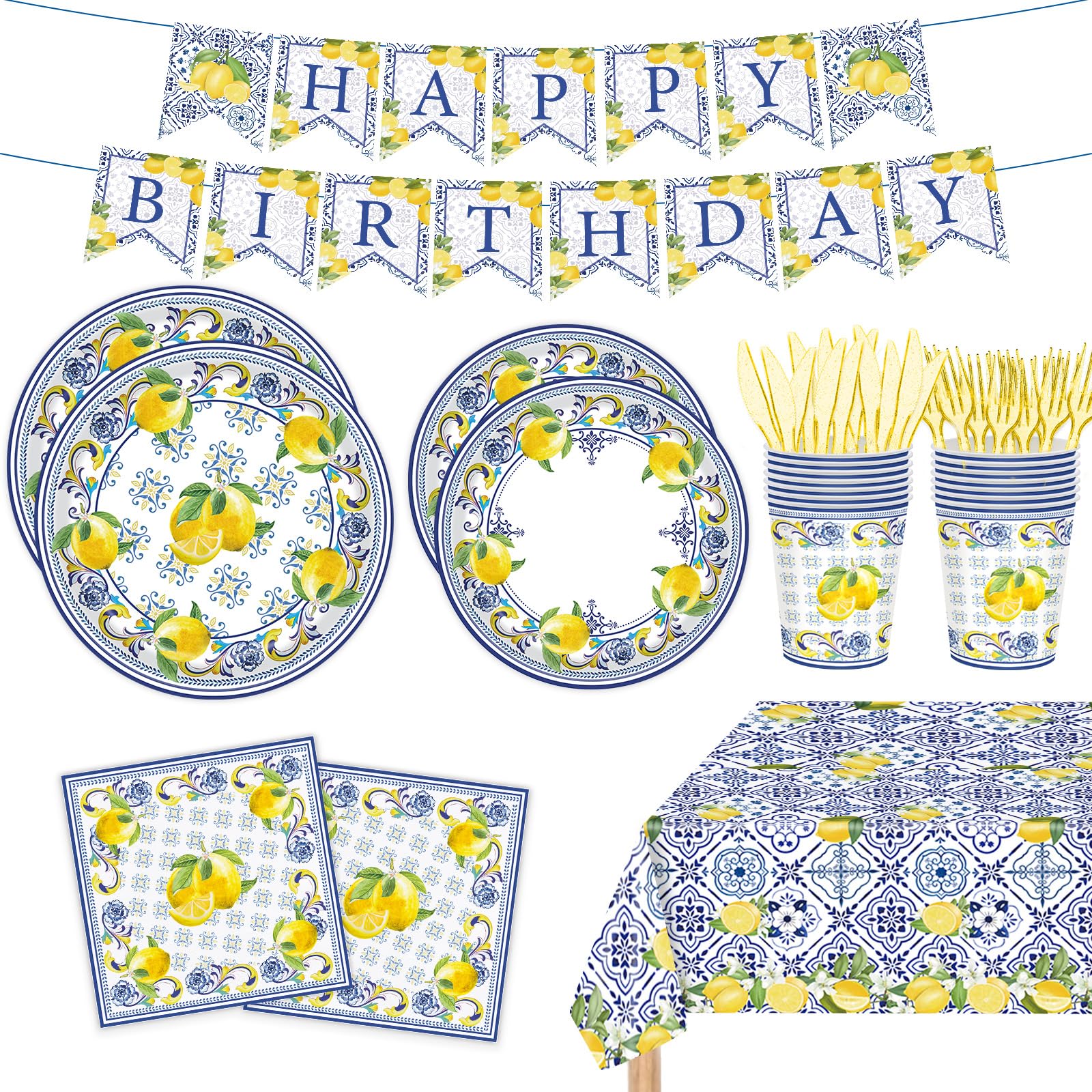 122PCS Capri Lemon Party Supplies for Baby Showe Bridal Shower Wedding Summer Citrus Fruit Themed Birthday Decor Italy Yellow Lemon Tablecloth Banner Tableware Set Plates Napkins Forks for 20 Guests