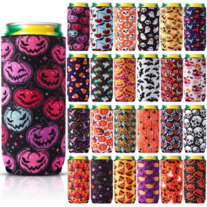 potchen 24 pcs halloween can coolers sleeves 12 oz witch skull can cooler sleeves neoprene slim beer can cooler sleeves bottle insulator for halloween party favors gifts decor supplies