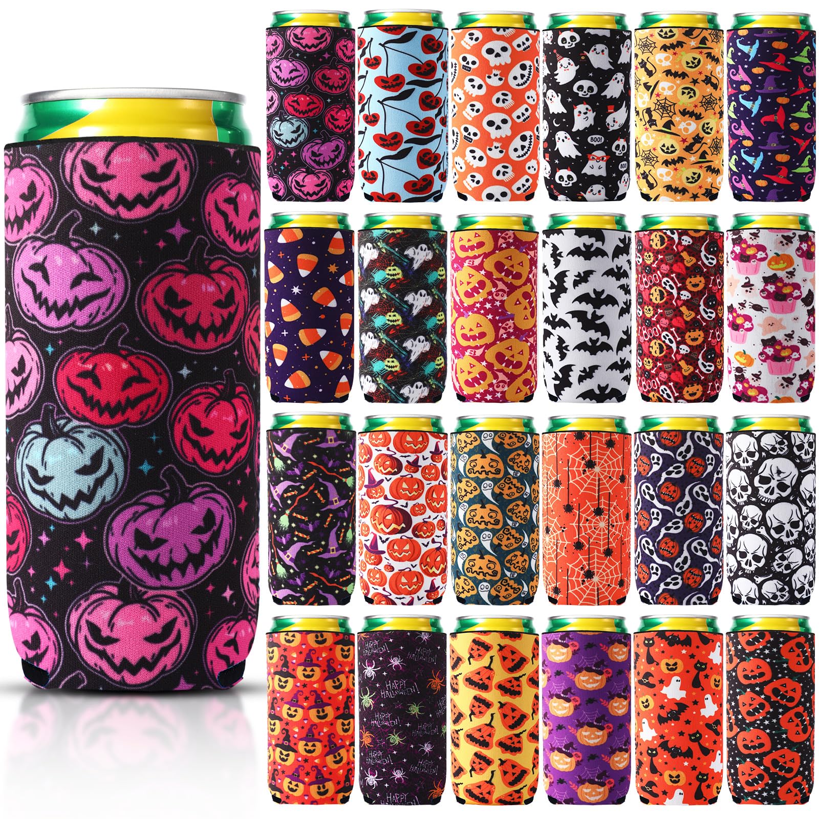 Potchen 24 Pcs Halloween Can Coolers Sleeves 12 oz Witch Skull Can Cooler Sleeves Neoprene Slim Beer Can Cooler Sleeves Bottle Insulator for Halloween Party Favors Gifts Decor Supplies