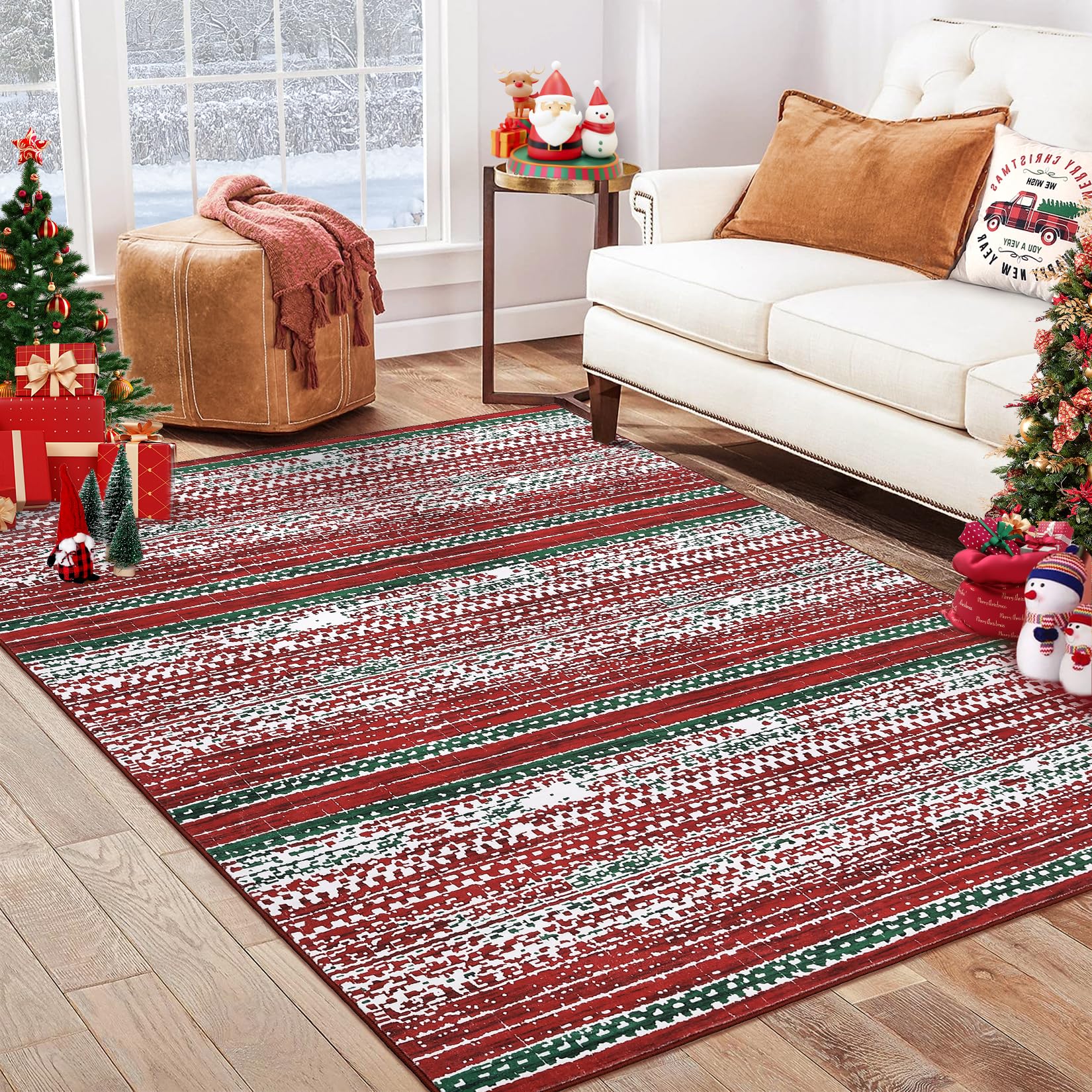 CAREMEE Christmas Rug 4x6 Machine Washable Bedroom Rug Holiday Decor Non Slip Throw Rug Soft Carpet Stain Resistant Accent Rug for Home Decor, Red