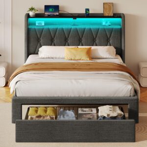 rolanstar twin bed frame with drawer, storage headboard with charging station and led lights, upholstered bed with heavy duty wood slats, no box spring needed, noise free, easy assembly, dark grey