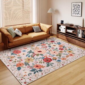 dukino 6x9 area rug, floral rugs for living room, lightweight non slip washable rug, indoor low pile & non-shedding boho design rugs for bedroom, living room, dining room, beige