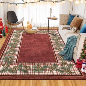 rugsreal christmas area rug 8x10 non slip washable rug pine cones area rug low pile ultra thin indoor throw carpet rug for laundry dining room, red