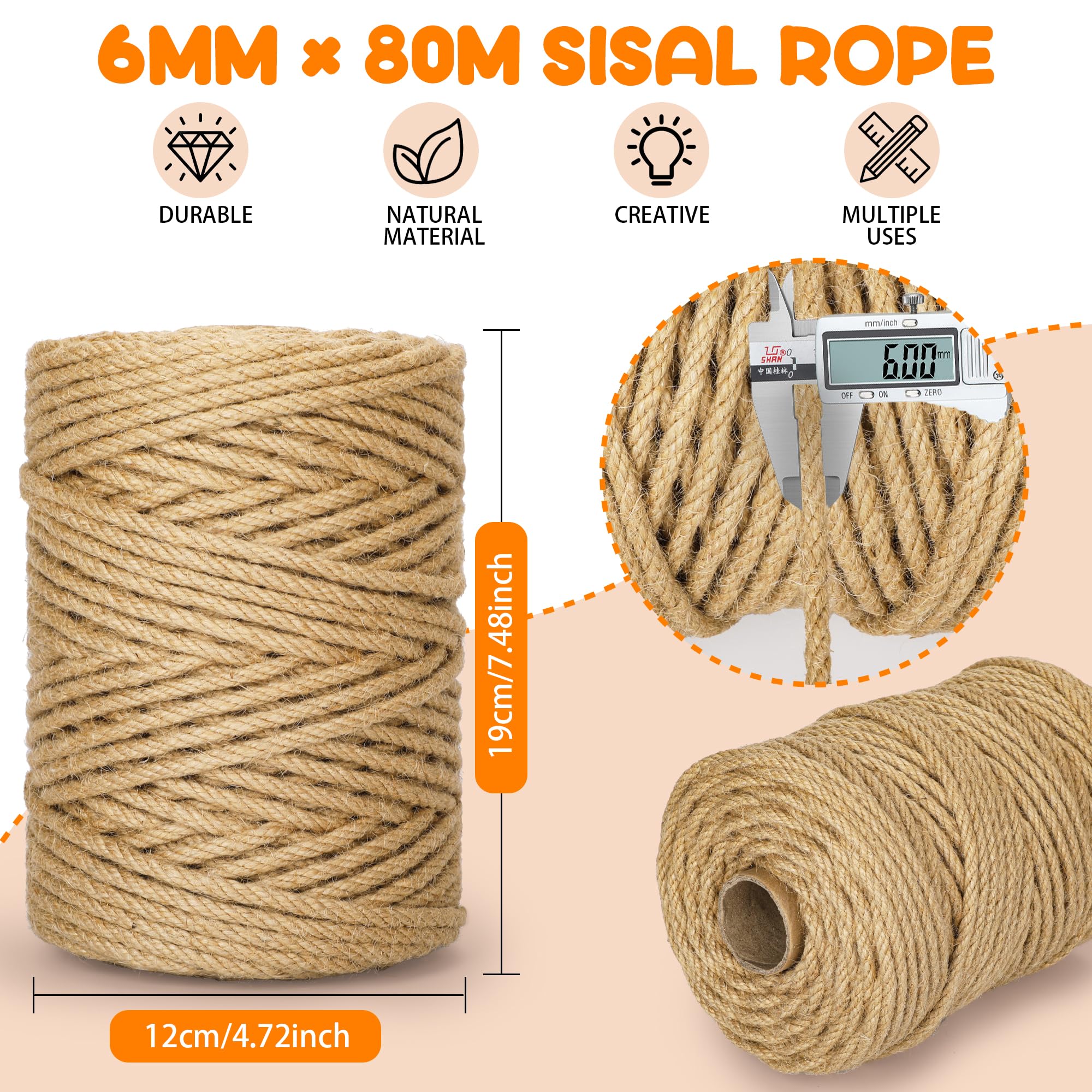 HezzLuv 262FT/80M Cat Scratching Sisal Rope, 6mm Thick Natural Jute Rope for Scratch Posts, Cat Trees, DIY Projects, Sisal Rope for Cat Scratcher with 2 Cat Mouse Toys (262ft)