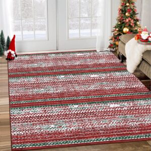 CAREMEE Christmas Rug 4x6 Machine Washable Bedroom Rug Holiday Decor Non Slip Throw Rug Soft Carpet Stain Resistant Accent Rug for Home Decor, Red