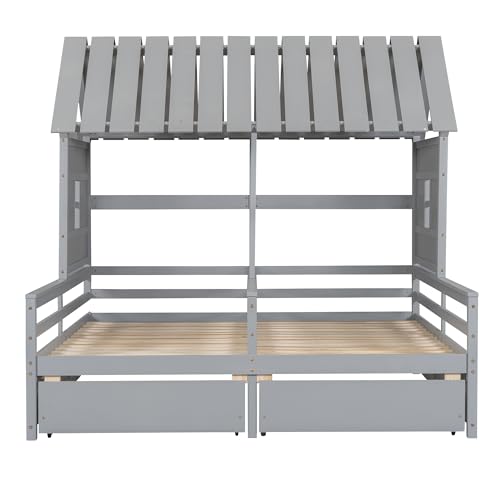 BOVZA Double Beds for 2 Kids, Twin Size House Platform Beds with Two Storage Drawers, Roof and Windows, Boy and Girl Shared Beds, Combination of 2 Side by Side Twin Size Beds, Gray