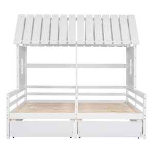 BOVZA Double Beds for 2 Kids, Twin Size House Platform Beds with Two Storage Drawers, Roof and Windows, Boy and Girl Shared Beds, Combination of 2 Side by Side Twin Size Beds, White