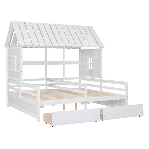 BOVZA Double Beds for 2 Kids, Twin Size House Platform Beds with Two Storage Drawers, Roof and Windows, Boy and Girl Shared Beds, Combination of 2 Side by Side Twin Size Beds, White