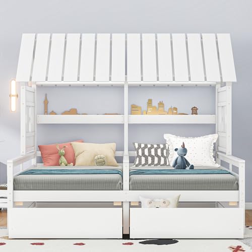 BOVZA Double Beds for 2 Kids, Twin Size House Platform Beds with Two Storage Drawers, Roof and Windows, Boy and Girl Shared Beds, Combination of 2 Side by Side Twin Size Beds, White