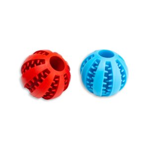 indestructible rubber dog ball- two pack red and blue - interactive treat holder for extreme chewers - durable dog toy