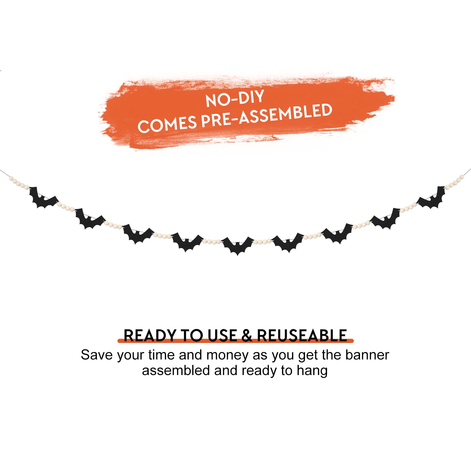 Halloween Decorations Garland, Felt Bats Halloween Decor Banner with Wood Beads for Fireplace Mantel Walls Home Indoor