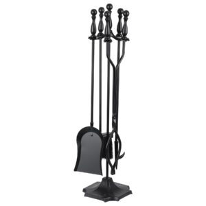 jupiterforce 5 pieces fireplace tools sets indoor outdoor wrought iron large fire place set tools, fire pit tools with poker shovel tongs brush and stand, black