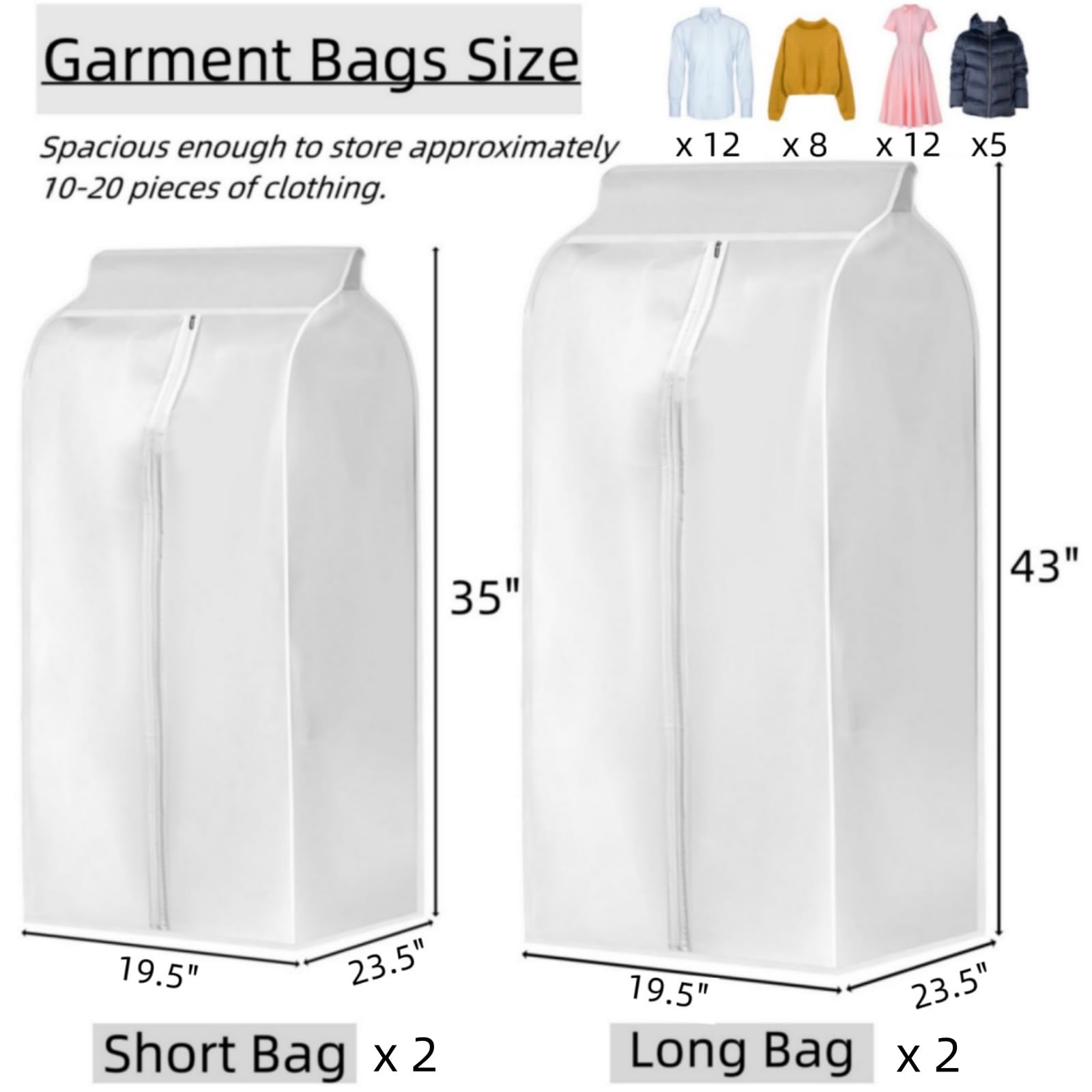 Tlence 4 Pack Hanging Garment Bags, 43" 35" Long Large Closet Clothes Protector with Zipper, Plastic Jackets Storage Rack Cover for Shirt Suits Coat Dress, Bottom Enclosed (Rack not included)