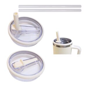 2pcs tumbler flip straw lid replacement fit for stanley quencher 40 oz, leak-proof, reusable tumbler cover (milky white)