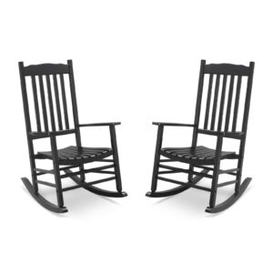 outvita outdoor rocking chair set of 2, solid wood high back rocker, all weather lounge chair for porch patio fire pit garden backyard deck indoor, wave shape, black