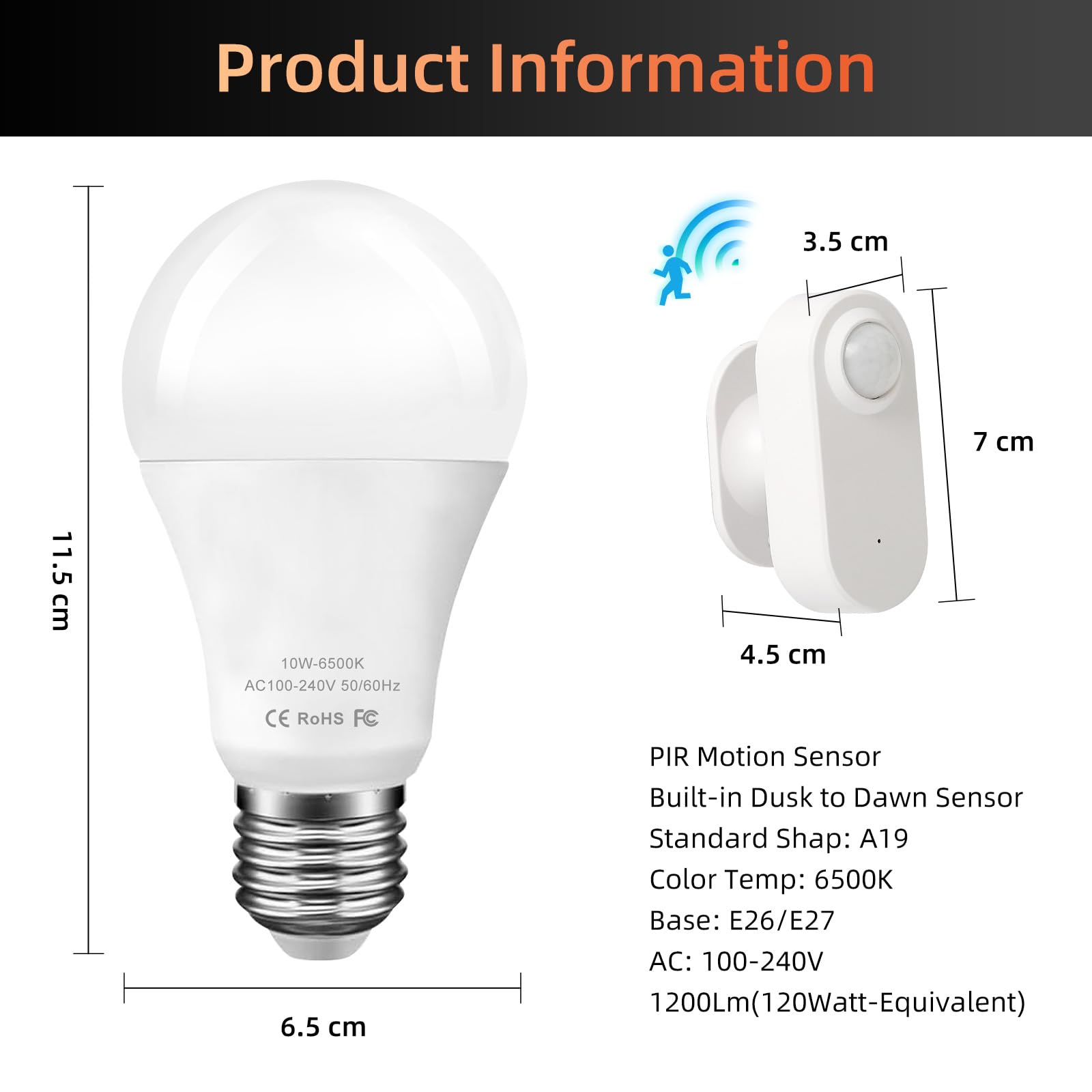 Motion Sensor Light Bulbs for Outdoor/Indoor, 10W Motion Detector LED Bulb, 120W Equivalent, A19 E26 6500K Daylight, Auto Activated Dusk to Dawn Security Lights for Basement Garage Stairs Patio