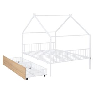 Metal House Bed for Kids, Full Size Bed Frame with Storage Drawers and Slats, Kids Bed Frame with Headboard and Footboard, Full Size House Bed for Kids, Girls, Boys(Full White)