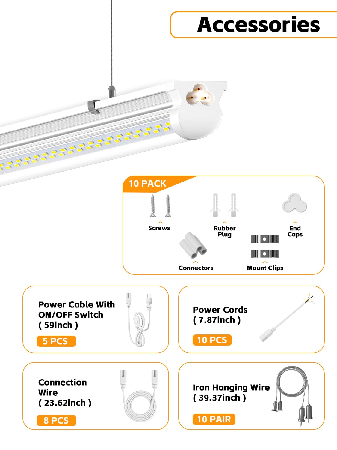 ONLYLUX LED Shop Light 8ft 6000K White 100W, 15000lm Workshop led Light V Shape, Plug and Play, Hanging/Surface Mount Install, 8 Foot led Lights for Garage,10 Pack