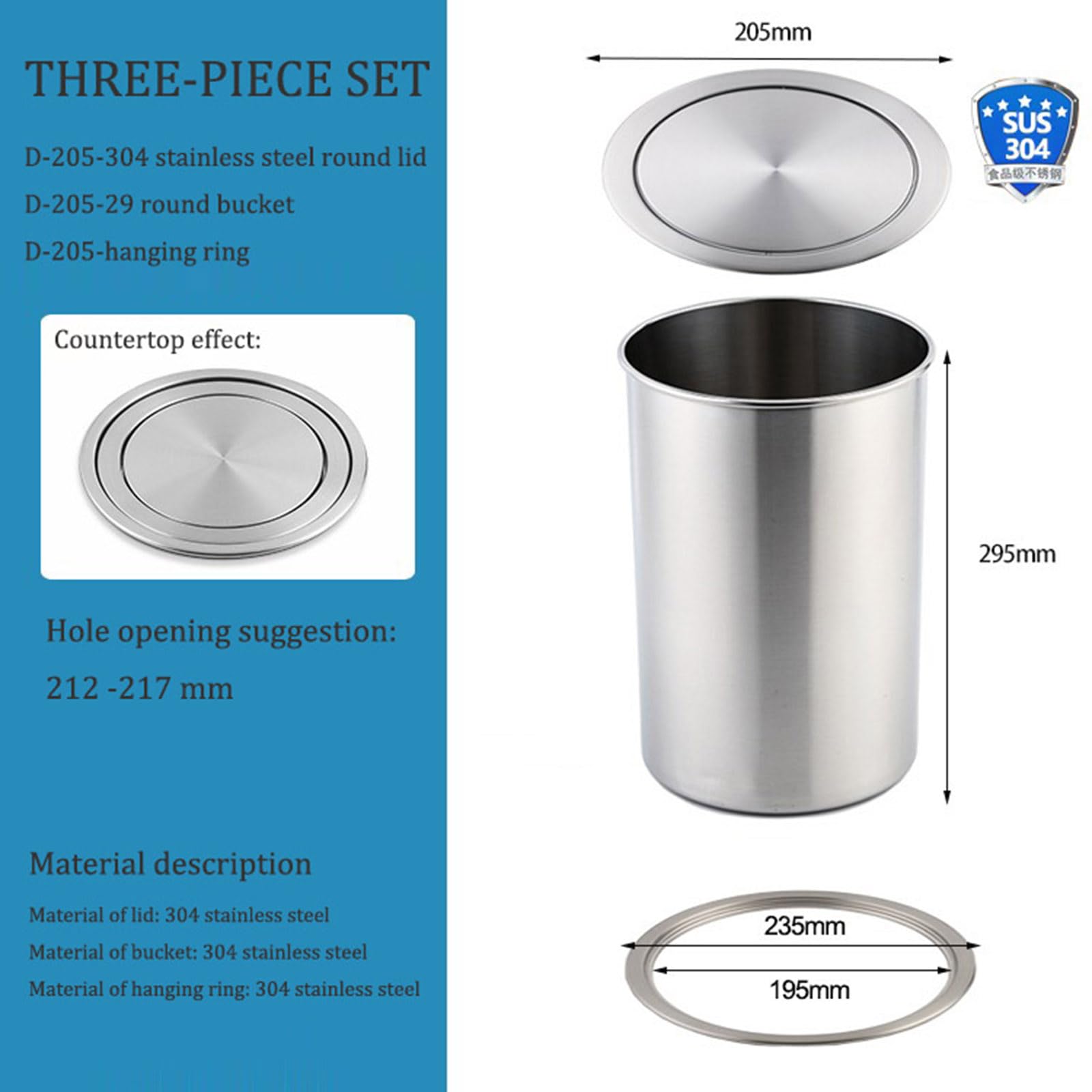 Stainless Steel Trash Can Countertop Built-in Trash Bin Balance Flap Cover, Kitchen Cabinet Embedded Trash Bin Trash Chute, Square/Round Recessed Counter Top Cover Waste Chute Wastebasket Cover