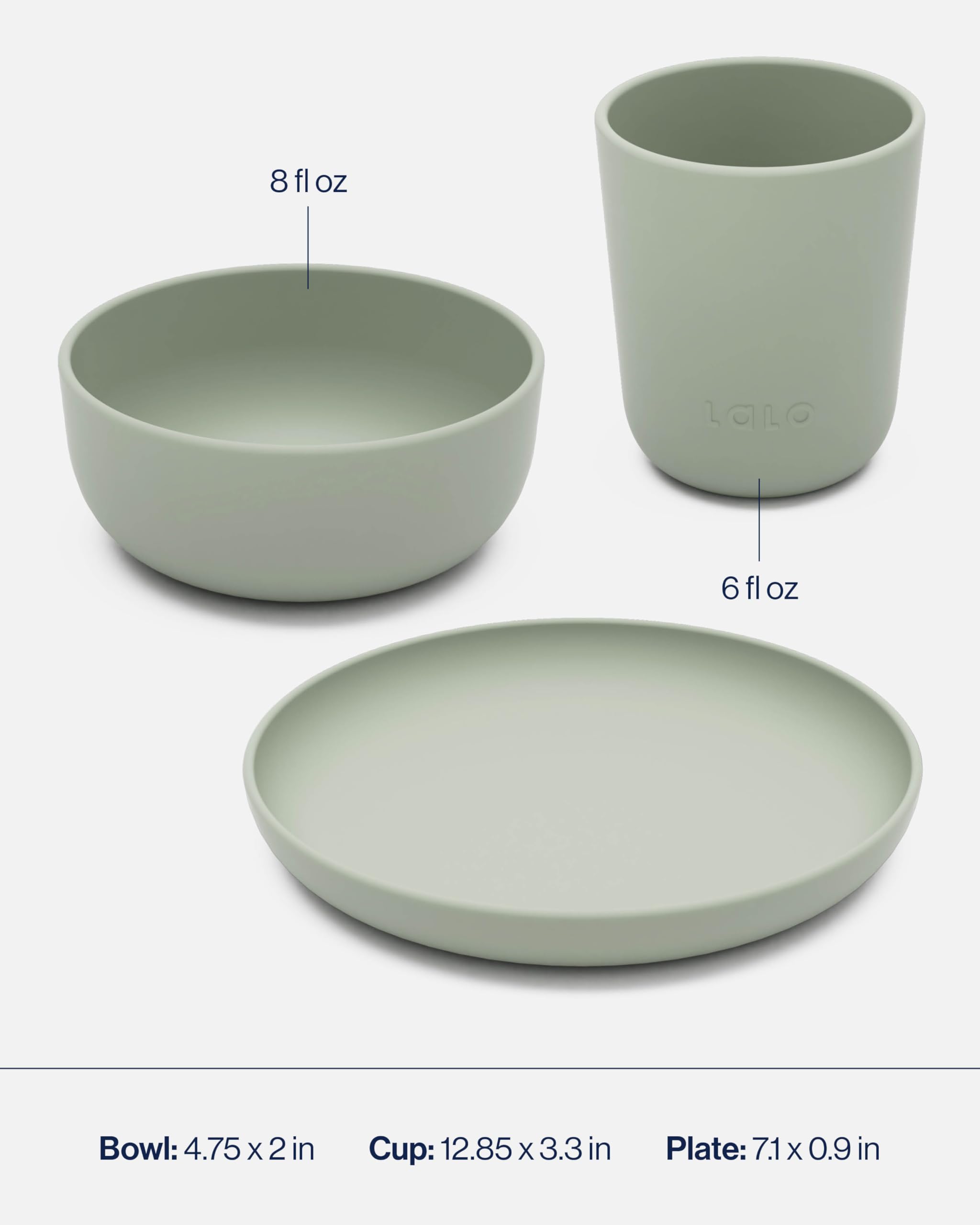 Lalo Big Bites Kids Dinnerware Full Set - Dishwasher Safe, BPA Free, Kids Tableware Set - Includes Stackable Bowl, Plate, Utensils & Cup - 7 Pieces - Sage