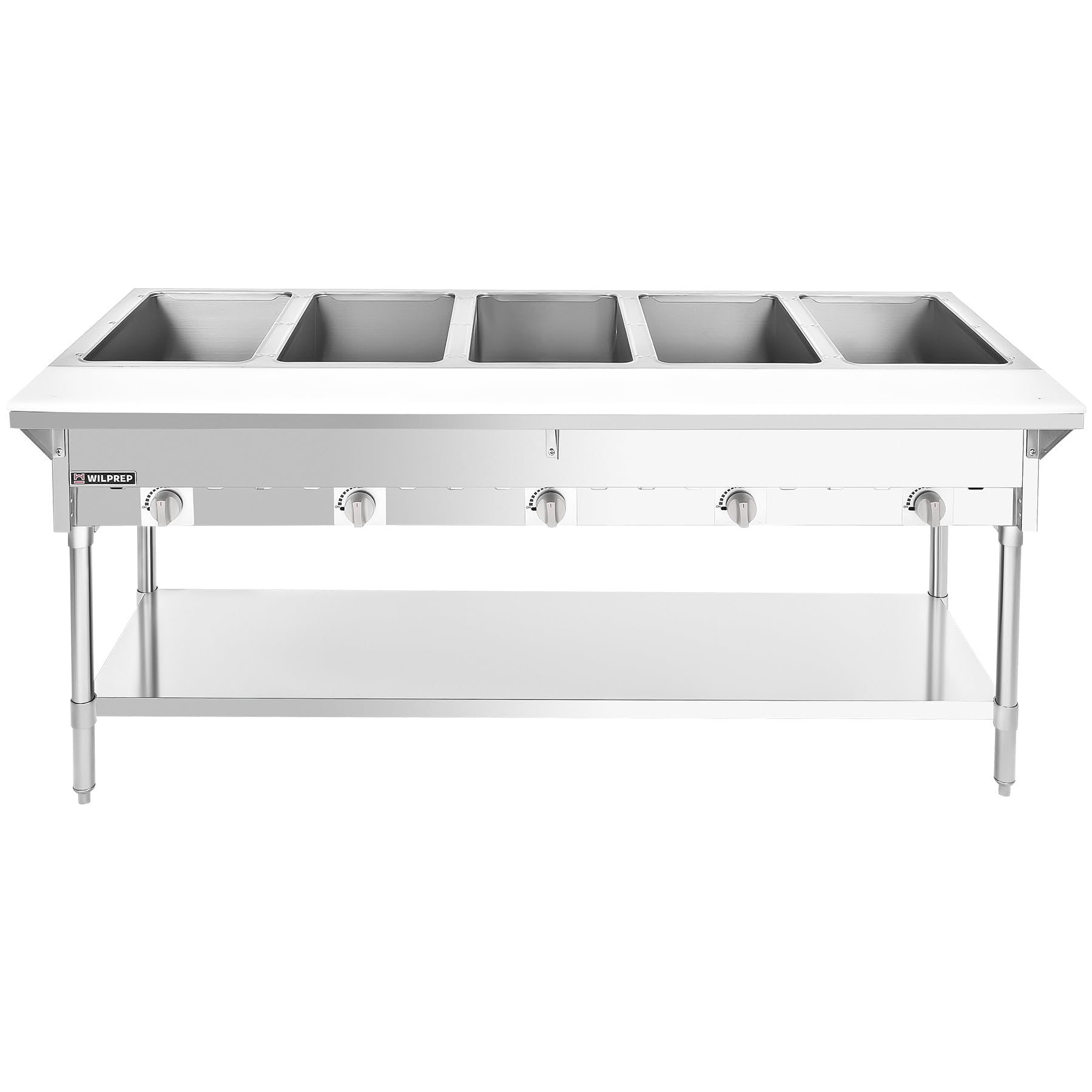 WILPREP 5 Well Natural Gas Food Warmer, 17,500BTU Commercial Gas Steam Table with 8" Cutting Board & Storage Shelf, 72" LP NG Stainless Steel Steam Table Food Warmer for Catering Buffets Restaurants