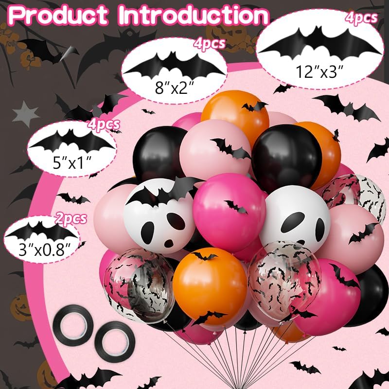 OuMuaMua Halloween Party Decorations Balloons Set, 62Pcs Black Pink Rose Orange Balloons Ghost Bat Print Balloons with 3D Bats for Kids Girls Halloween Birthday Party Decorations Baby Shower Supplies