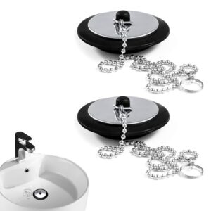 kilyowa 2 pcs rubber sink stopper drain cover, 43mm universal tub stopper with long metal ball chain and hanging loop, bathroom kitchen drain stopper, black