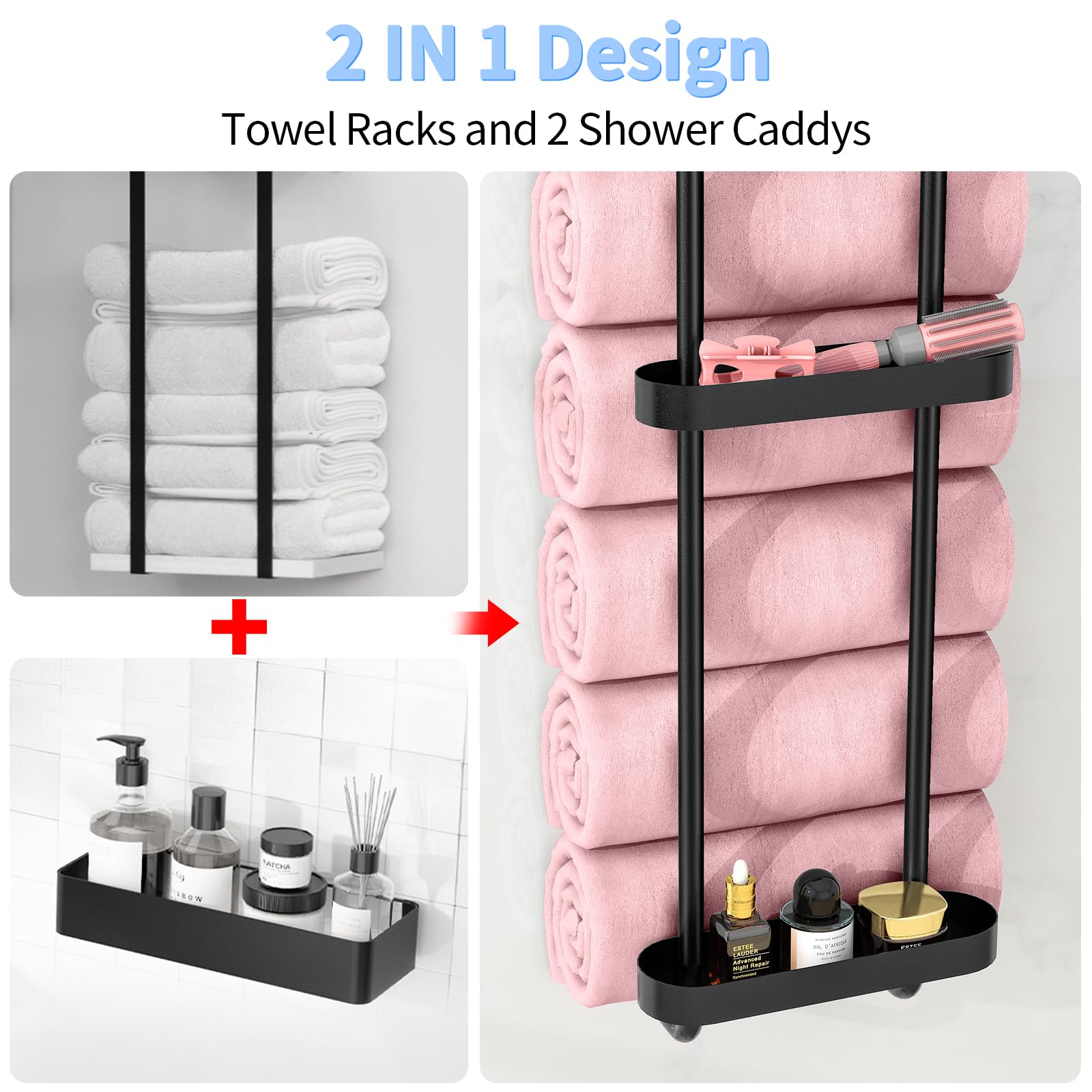 STWWO Bathroom Towel Storage, 36.4 Inch Towel Racks for Bathroom Wall Mounted with Shower Caddy with Metal Shelf, Black