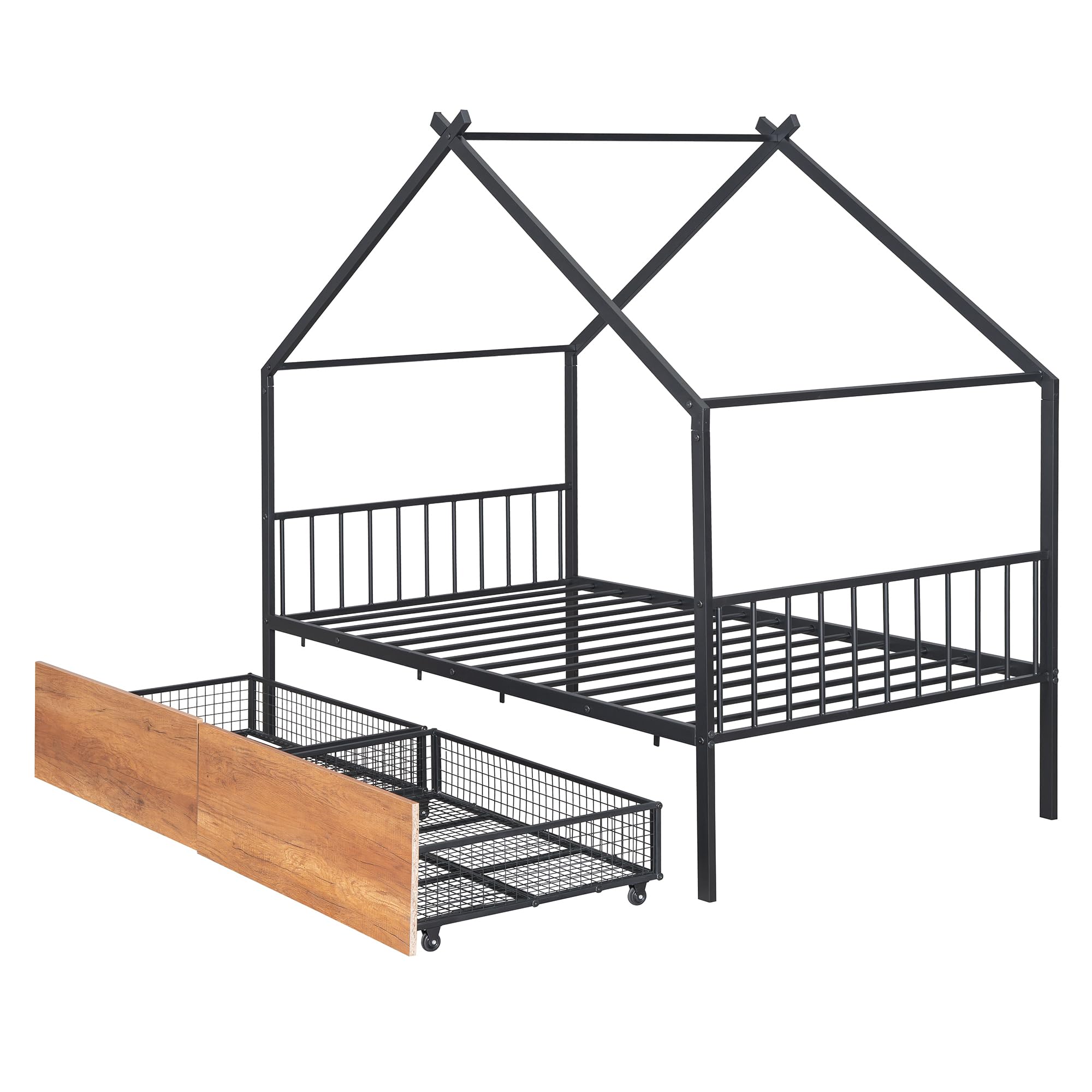 Metal House Bed for Kids, Twin Size Bed Frame with Storage Drawers and Slats, Kids Bed Frame with Headboard and Footboard, Twin Size House Bed for Kids, Girls, Boys(Twin Black)