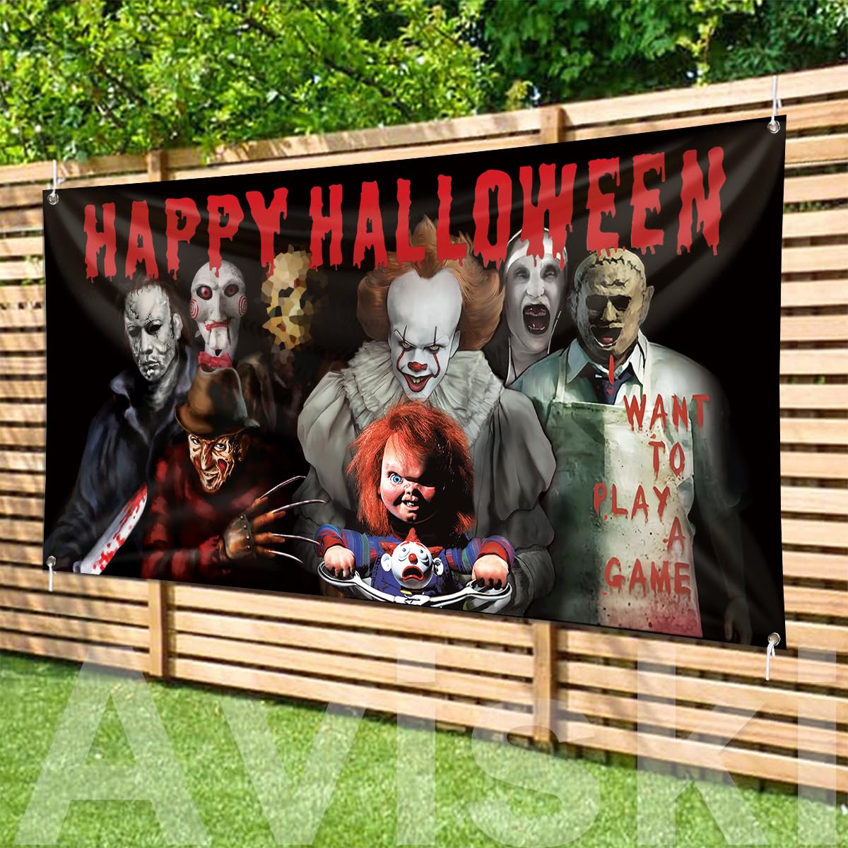 Horror Movie Classic Character Backdrop Banner, 78 × 43inch Halloween Party Background Large Backdrops Classic Movie Chainsaw Clown Horror Movie Supplies for Indoor Outdoor Photo Booth Props