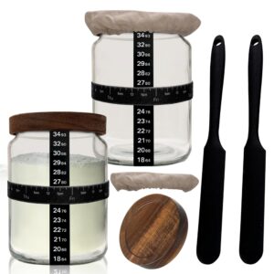 nayyab products sourdough starter jar kit pack of 2, 24oz jar with wooden lids, ounce scale line, silicon scraper, cloth cover, thermometer sticker, date marked feeding band, canning jars