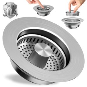 upgraded 3 in 1 kitchen sink drain strainer - stainless steel pop up sink stopper, anti-clogging sink basket, fast drainage kitchen sink plug for us standard 3-1/2 inch drain