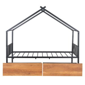 Metal House Bed for Kids, Twin Size Bed Frame with Storage Drawers and Slats, Kids Bed Frame with Headboard and Footboard, Twin Size House Bed for Kids, Girls, Boys(Twin Black)