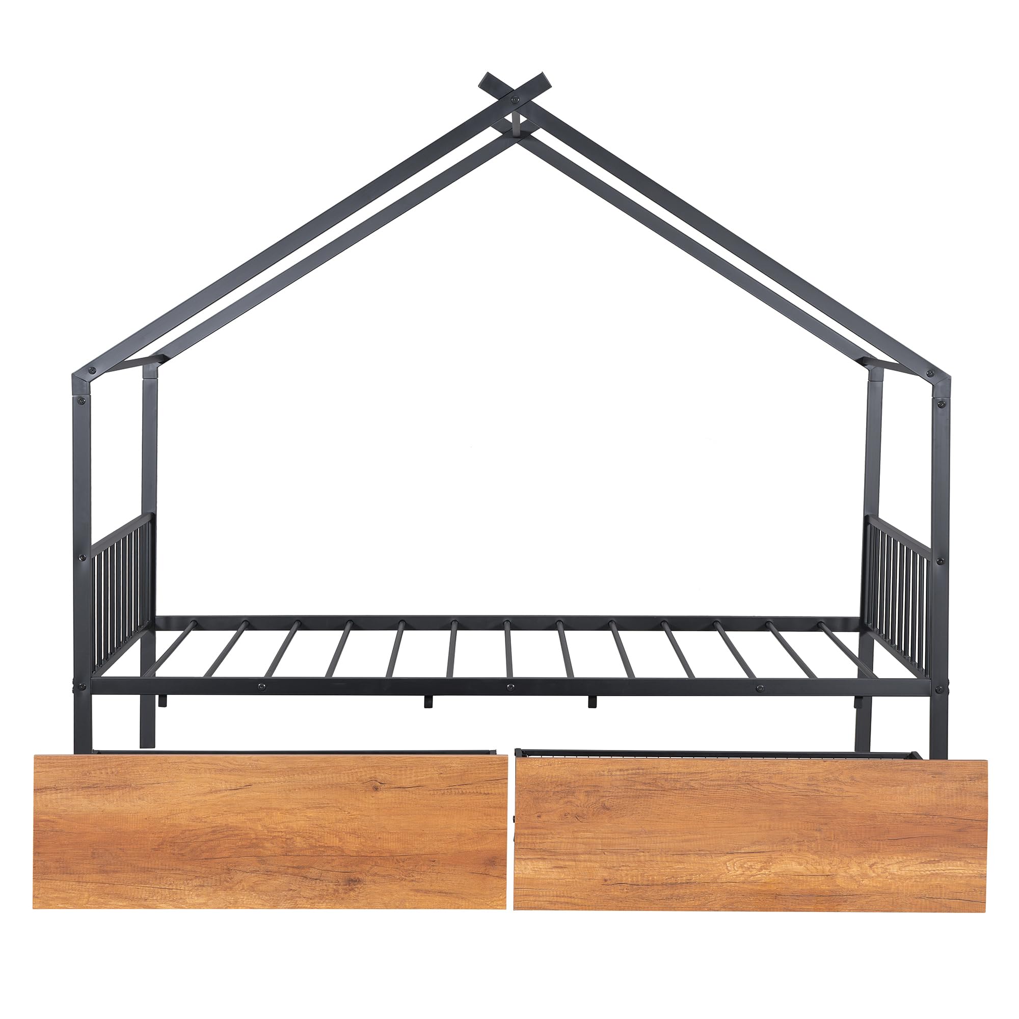 Metal House Bed for Kids, Twin Size Bed Frame with Storage Drawers and Slats, Kids Bed Frame with Headboard and Footboard, Twin Size House Bed for Kids, Girls, Boys(Twin Black)