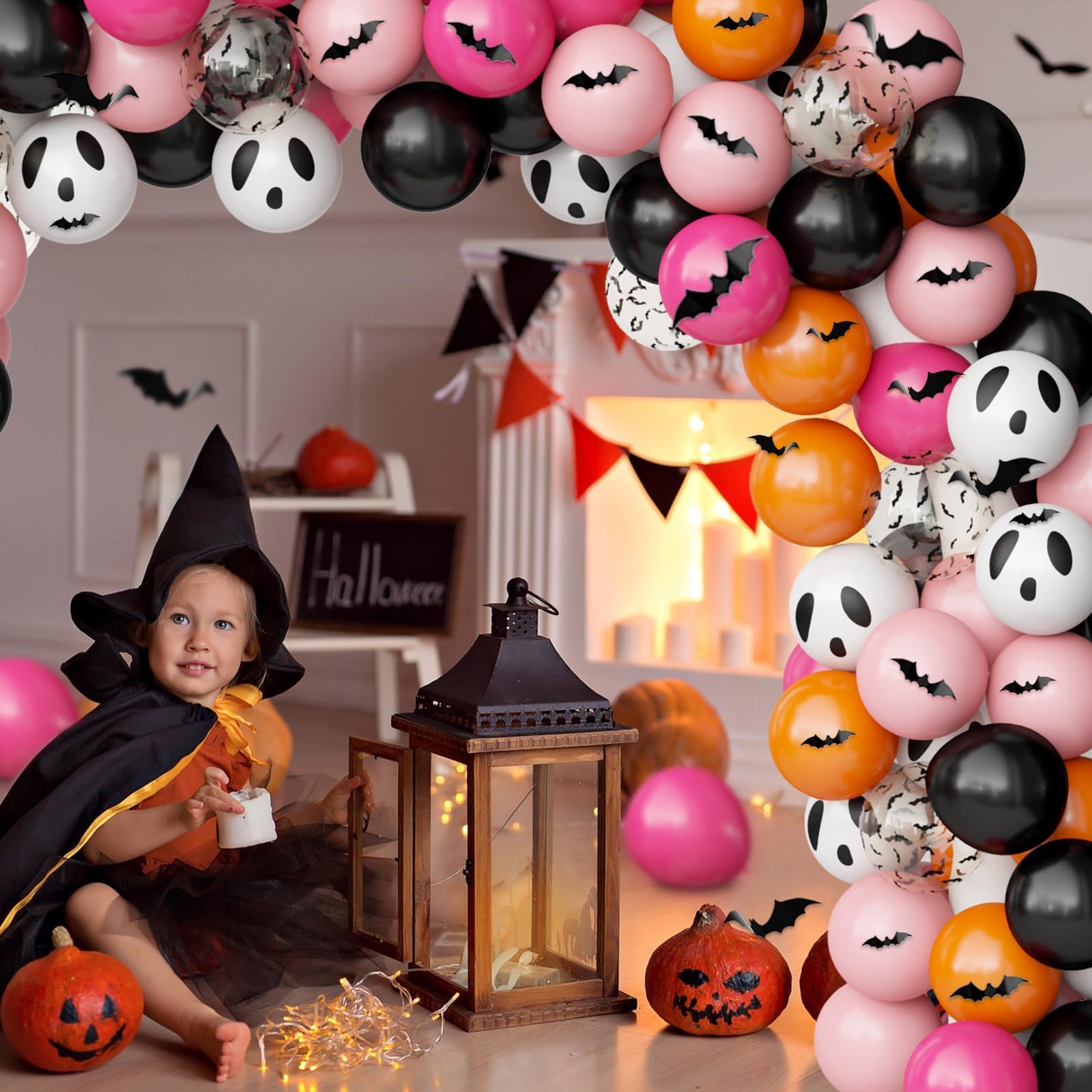 OuMuaMua Halloween Party Decorations Balloons Set, 62Pcs Black Pink Rose Orange Balloons Ghost Bat Print Balloons with 3D Bats for Kids Girls Halloween Birthday Party Decorations Baby Shower Supplies