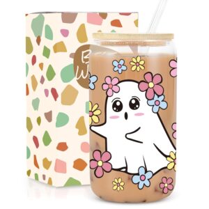 uarehiby halloween gifts for women with floral ghost mug,18 oz cute halloween spooky glass cups with lids and straws,funny halloween coffee tumbler ghost mug,halloween decorations