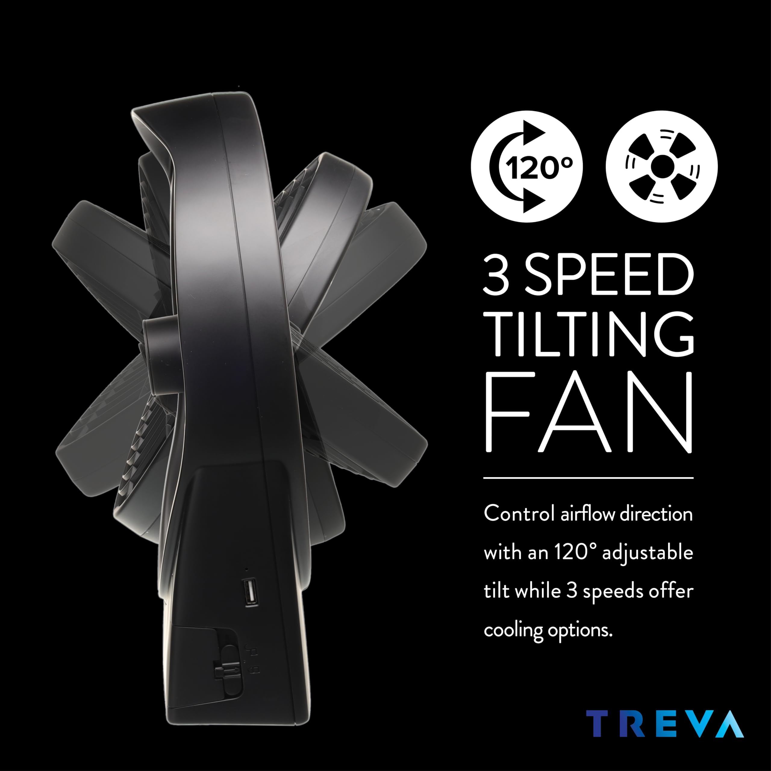 Treva 10 Inch Portable Rechargeable Fan & Battery Powered, 3 Speed Adjustable Personal Fan, Indoor Cooling, Camping, Hurricane Readiness