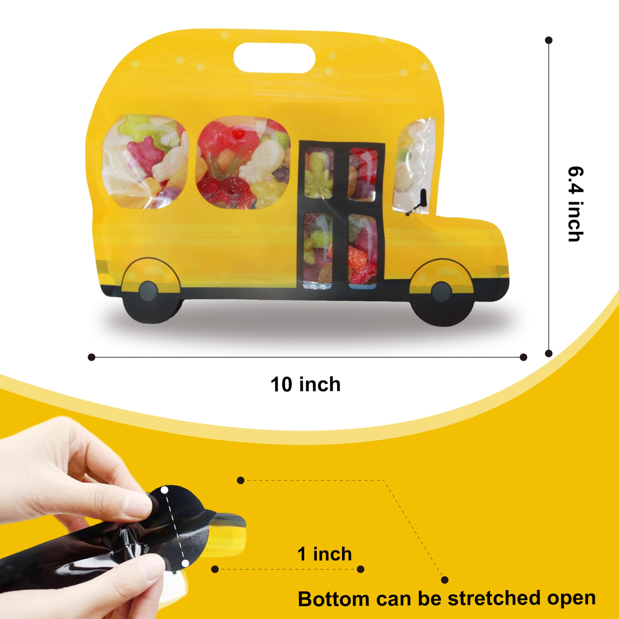 AOKELEON 20 Pcs Yellow School Bus Goodie Bags Plastic Gift Candy Bags with Handle Resealable Ziplock Treat Bags with Stand-up Bottom Back To School Party Favor Birthday Bags For Kids