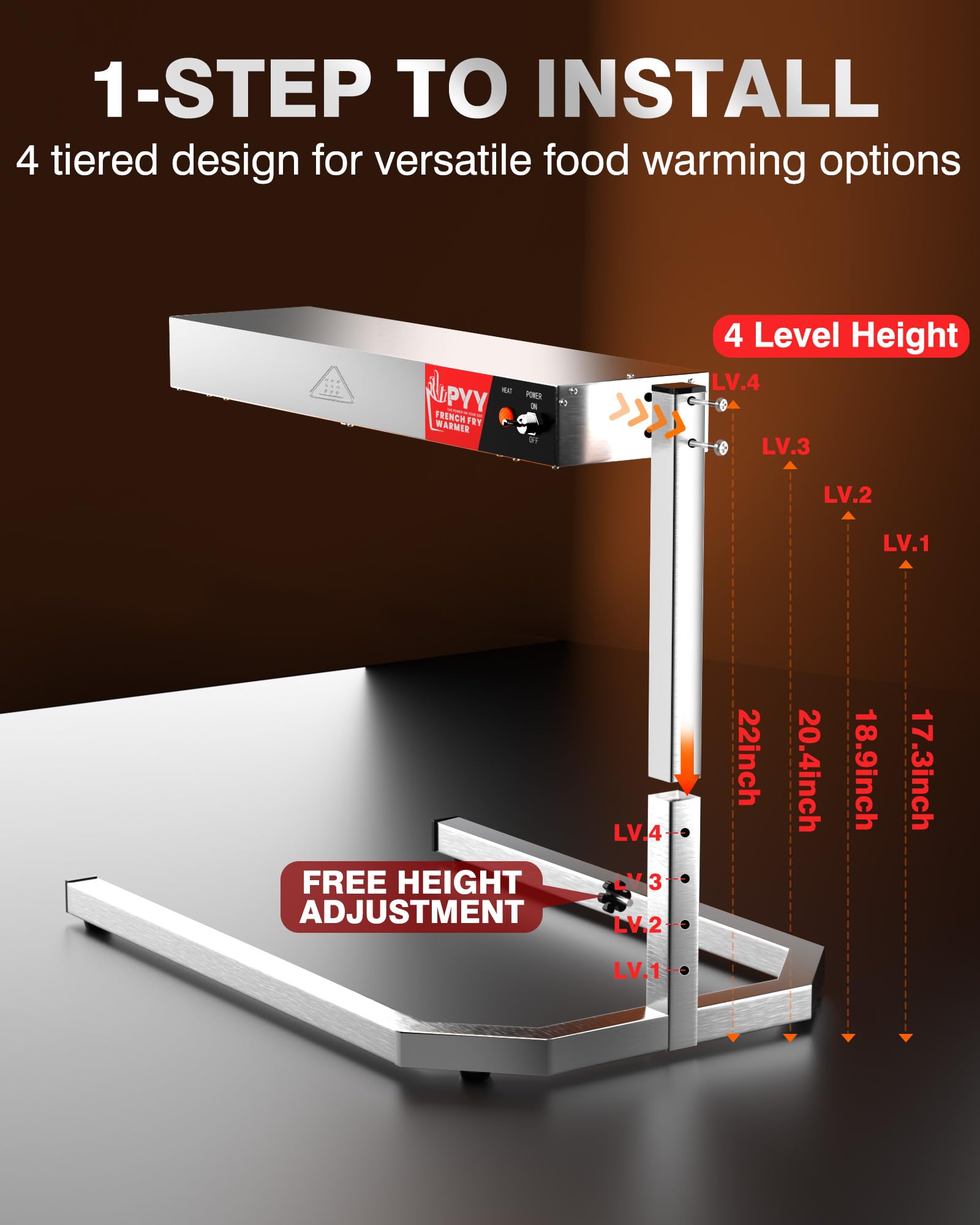 PYY Food Heat Lamp - Adjustable Height Food Warmer with U Shape Base Stand,Commercial Countertop Food Warming Light with Stand for French Fries Electric Heating Radiation,500W Stainless Steel Silver