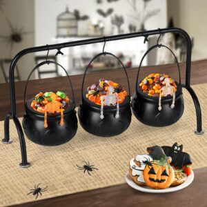 rdogeia halloween decorations indoor,halloween decor- set of 3 halloween witches cauldron candy serving bowls on rack,black plastic cauldron with skeletons for indoor outdoor home kitchen decoration