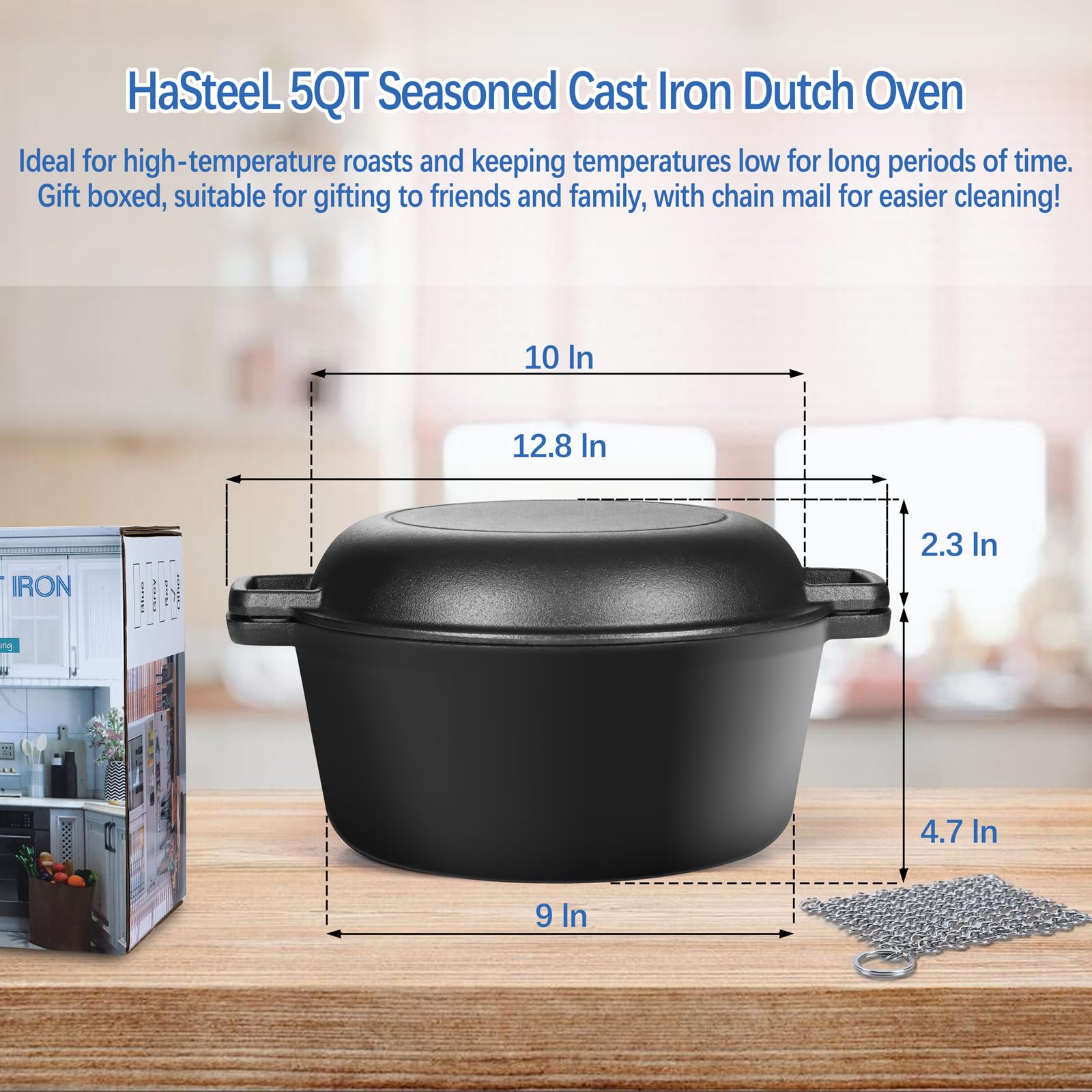 HaSteeL 5 Quart Cast Iron Dutch Oven, 2-In-1 Pre-seasoned Dutch Oven with Chain Mail, Ideal for Sourdough Bread Baking Cooking Stewing Frying Roasting, Camping, 5 QT Stock Pot & 2 QT Skillet Lid Pan