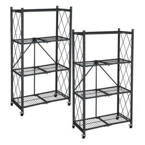 origami 4 tier folding storage powder coated steel garage shelving unit indoor home portable organizer rack with wheels, set of 2, black