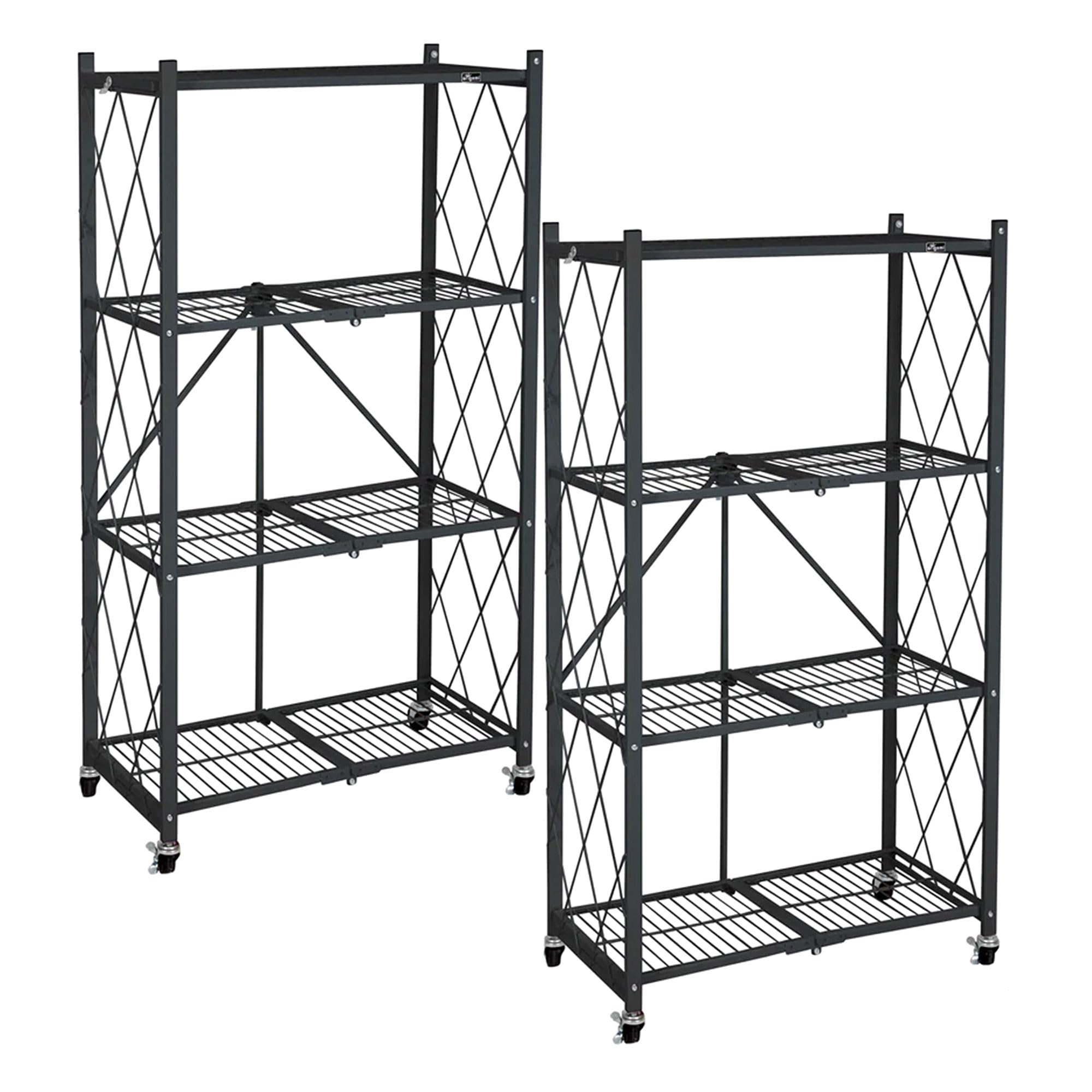 Origami 4 Tier Folding Storage Powder Coated Steel Garage Shelving Unit Indoor Home Portable Organizer Rack with Wheels, Set of 2, Black