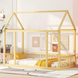 bellemave twin size floor bed for kids, girls, boys, wood house bed frame, floor house bed for kids, twin size montessori floor bed with fence, playhouse for kids, natural