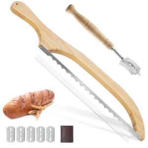 bread bow knife for homemade bread - 16" wooden sourdough bread knife with bread lame tools 5 replaceable blades, premium stainless steel for bagels baguettes and more - sourdough bread slicer set